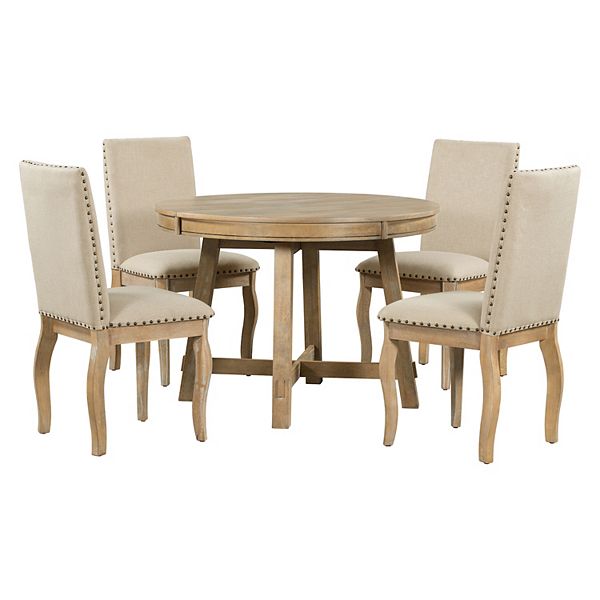 Merax 5-piece Farmhouse Dining Table Set Wood Round Extendable Dining ...