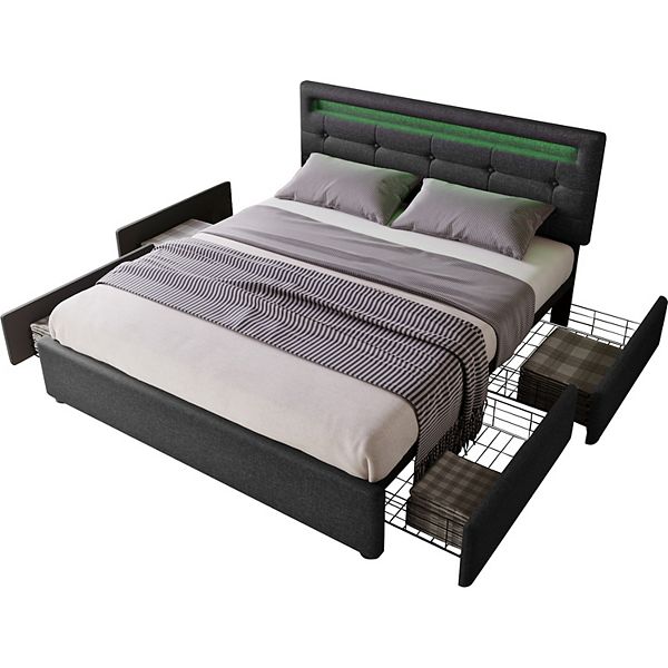 Merax Upholstered Platform Bed Frame With Storage Drawers And Led Lights