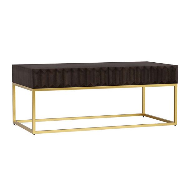 Bran 48 Inch Rectangular Coffee Table, Brown Wood, Gold Base, 2 Drawers