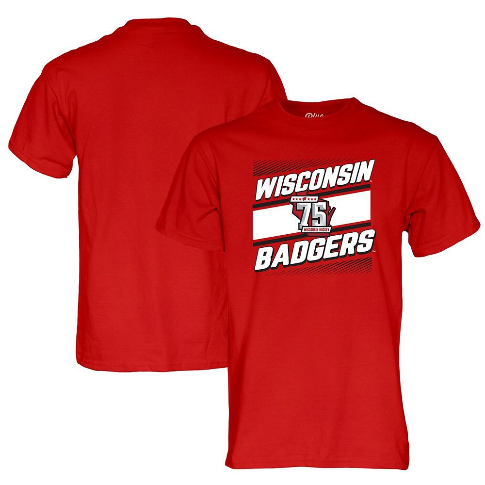 Men's Blue 84 Red Wisconsin Badgers Men's Hockey 75th Season T-Shirt