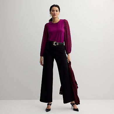 Women's Nine West Sheer Pleated Long Sleeve Top
