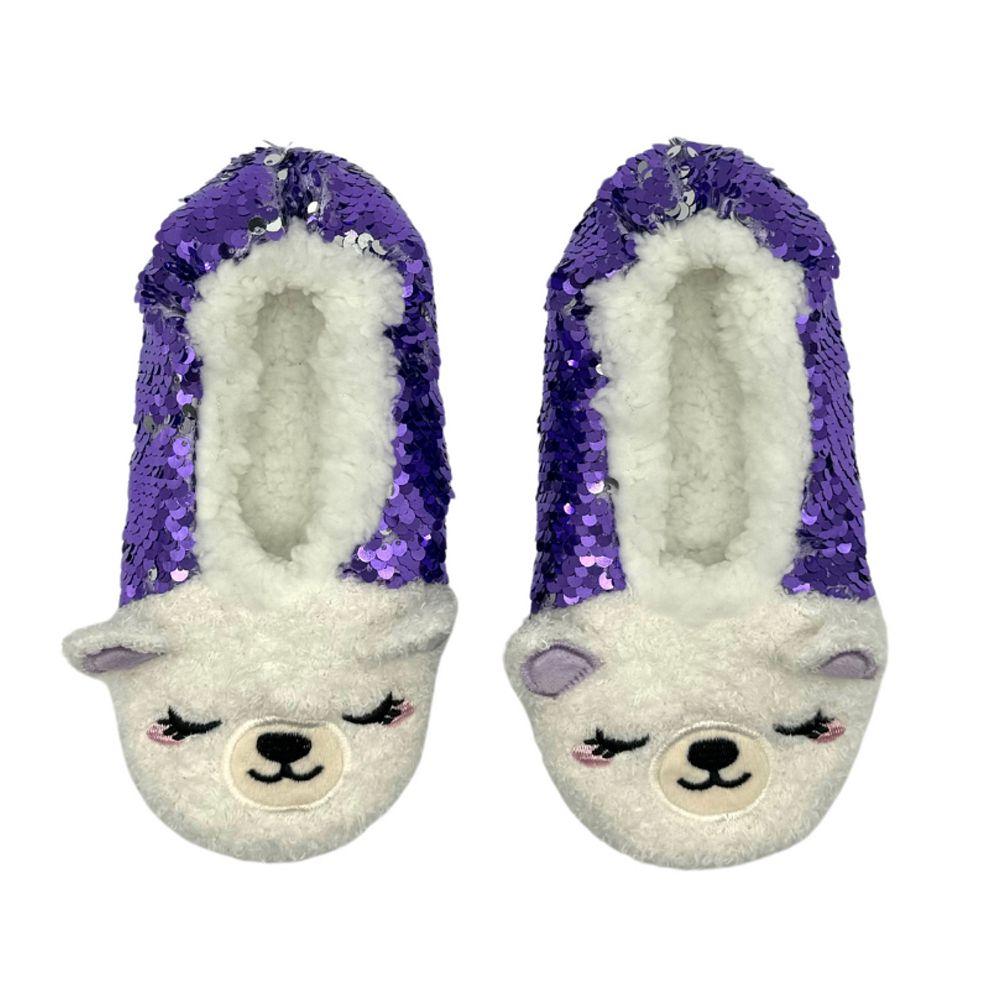 Girls Polar Bear Fuzzy Babba Reverse Sequin Slipper Socks