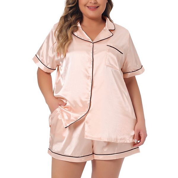 Women's Plus Size Pajamas Sets Short Sleeve Sleepwear Soft Satin Button ...