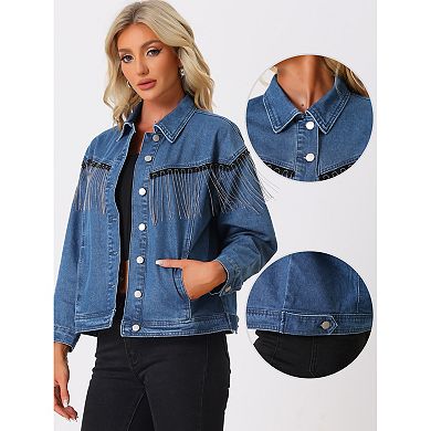 Beads Fringe Denim Jacket For Women's Button Front Western Cowgirl ...