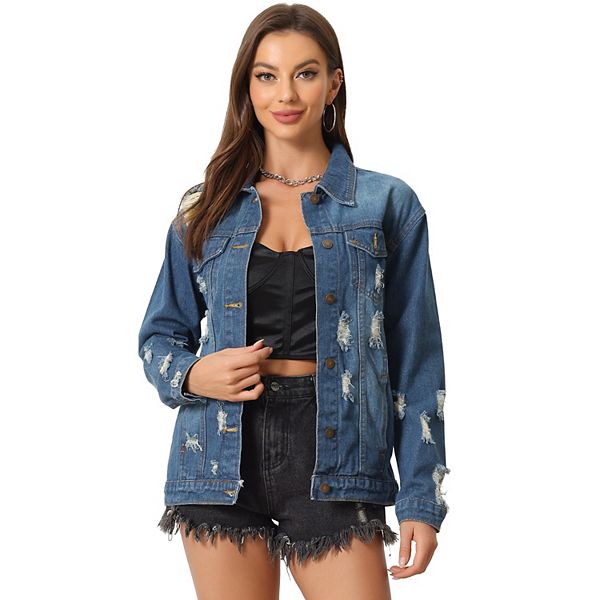 Women's Oversized Denim Jackets Long Sleeve Ripped Distressed Jean ...