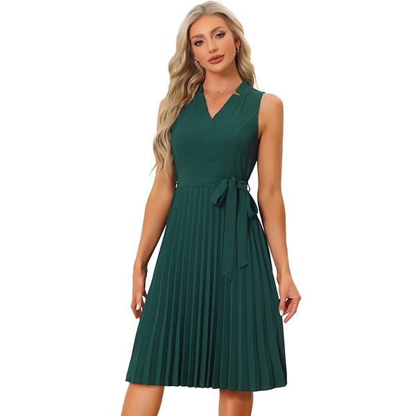 Elegant Pleated Dress For Women's Sleeveless V Neck Belted A-line Midi ...