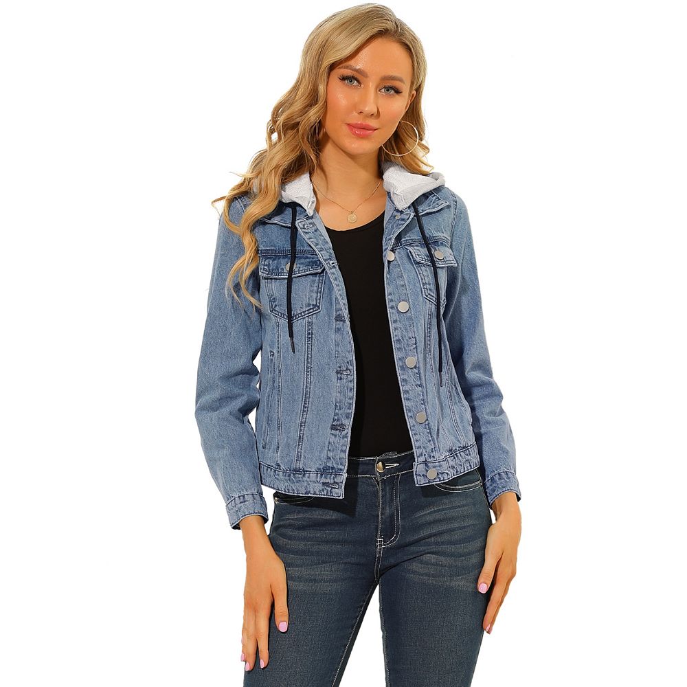 Women's Removable Hood Jean Jacket Button Up Layered Drawstring Denim ...