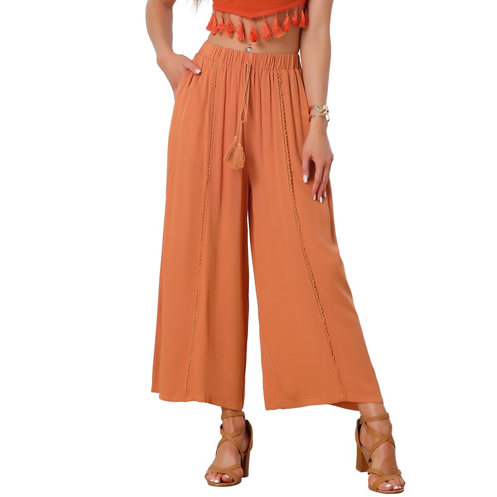 Casual Pants For Women Elastic High Waist Drawstring Wide Leg Palazzo ...