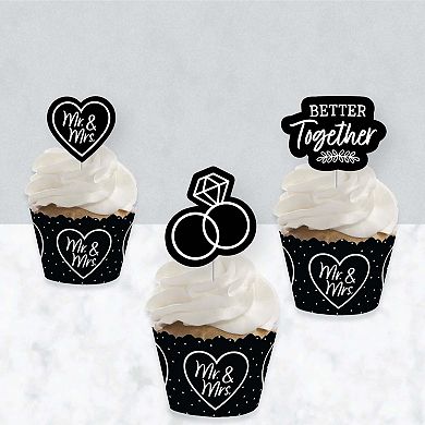 Big Dot Of Happiness Mr. & Mrs. - Black & White Cupcake Wrappers & Treat Picks Kit - 24 Ct