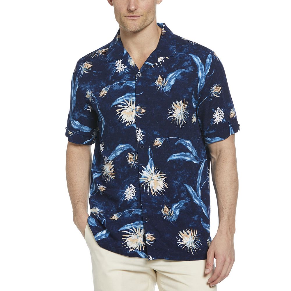 Men's Cubavera Floral Print Cuban Collar Short Sleeve Button-Down Shirt
