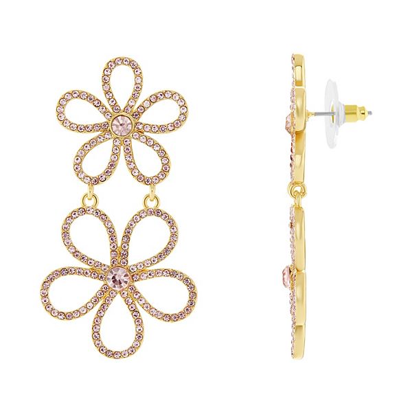 Emberly Gold Tone Pink Glass Double Flower Drop Earrings
