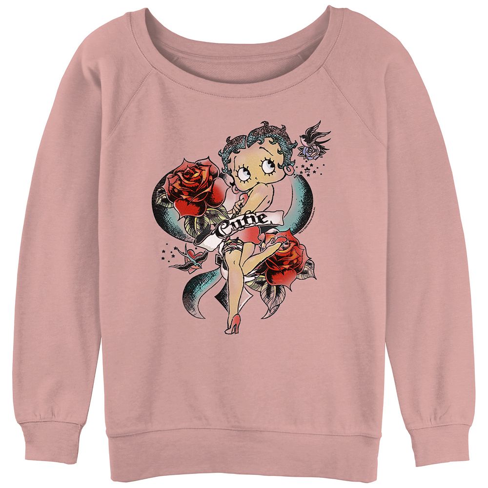 Women's Betty Boop Cutie Tattoo Design Slouchy Terry Graphic Pullover