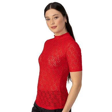 Women's Modern Supply by Sanctuary Short Sleeve Lace Mock Neck Top