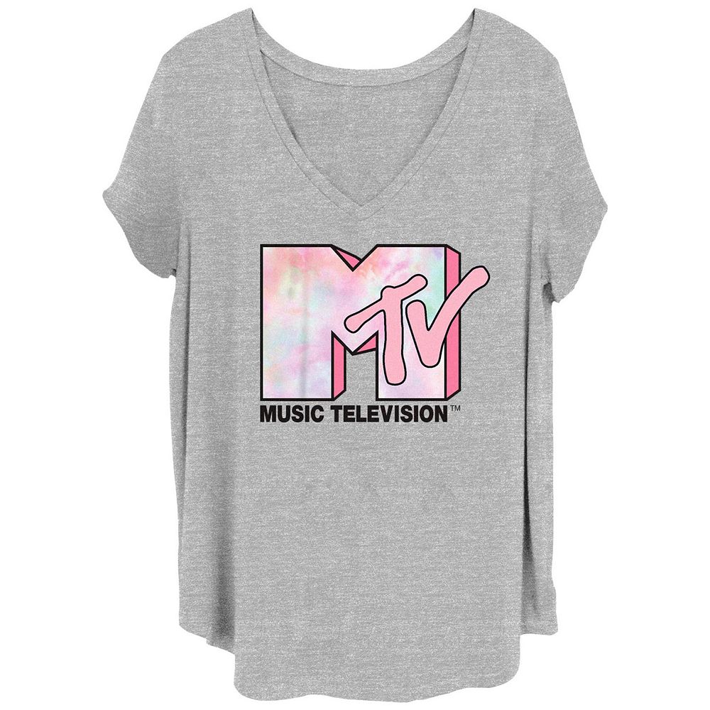 Juniors' Plus Size MTV Pink Tie Dye Print Logo V-Neck Graphic Tee