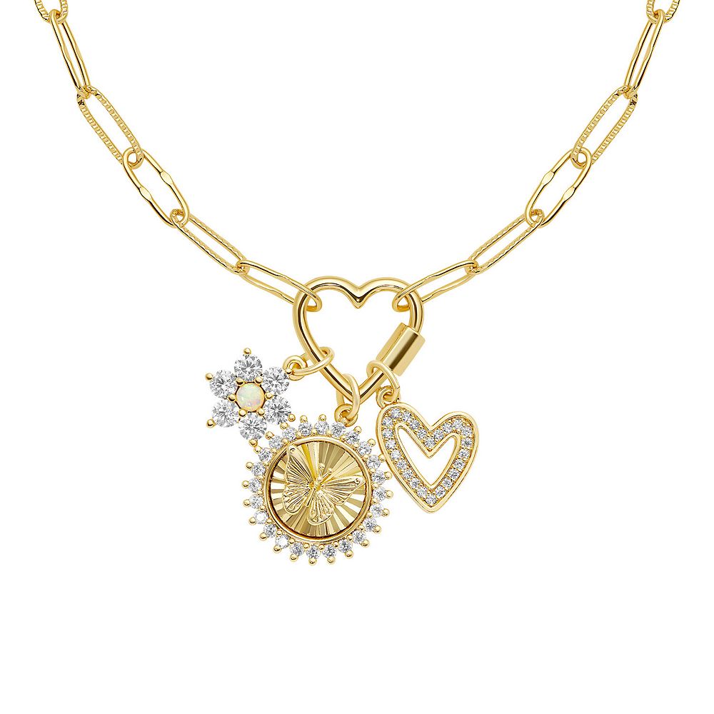 Brilliance Gold Tone Heart Carabiner & Gemstone Charms Paperclip Link ...