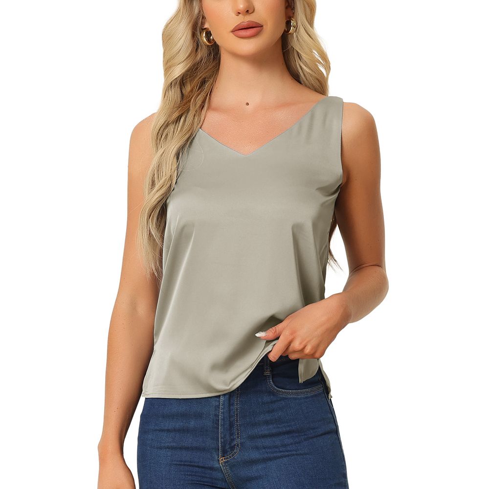 Women's Satin Tank Top V Neck Basic Silky Double Strap Sleeveless Blouse