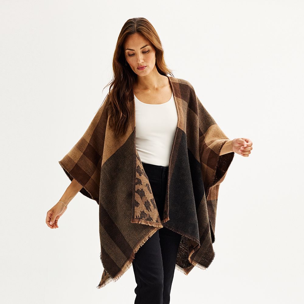 Women's Nine West Reversible Plaid & Animal Print Ruana