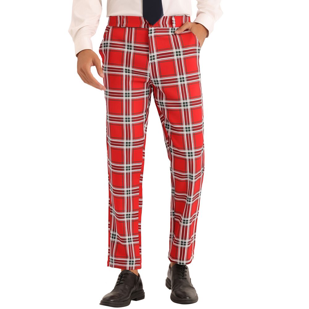 Plaid Pants for Men's Slim Fit Flat Front Business Checked Trousers