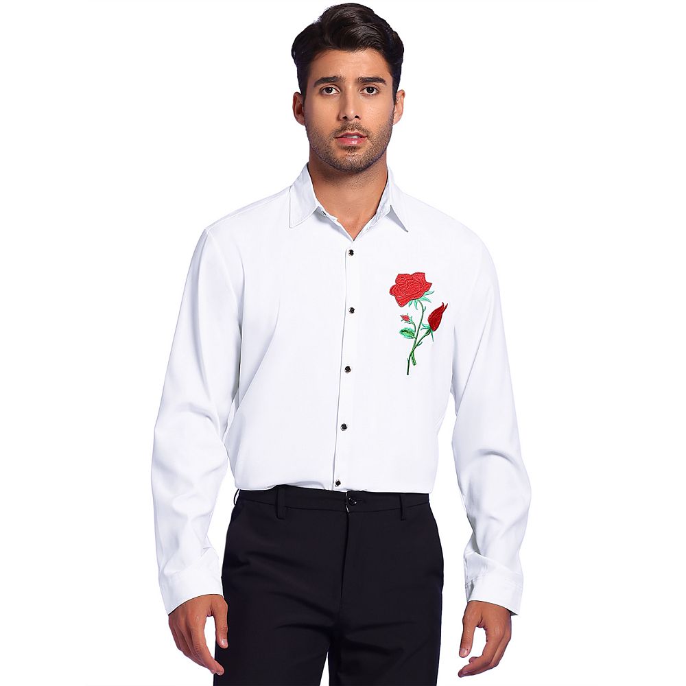 Rose Shirts For Men's Point Collar Long Sleeve Solid Floral Shirts