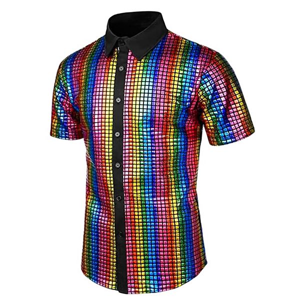 Metallic Shirts For Men's Short Sleeves Costume Disco Shiny Button Down ...