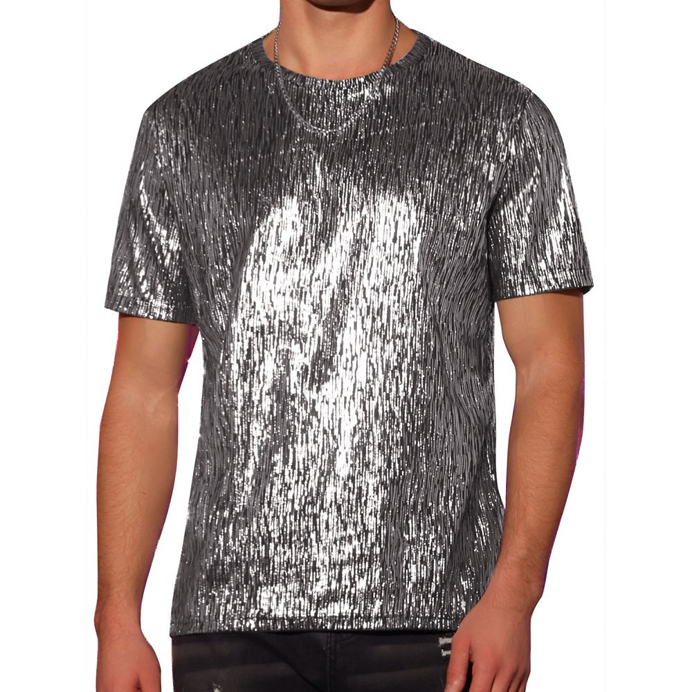 Shiny T-shirt For Men's Round Neck Short Sleeves Club Prom Sparkle Tee Top
