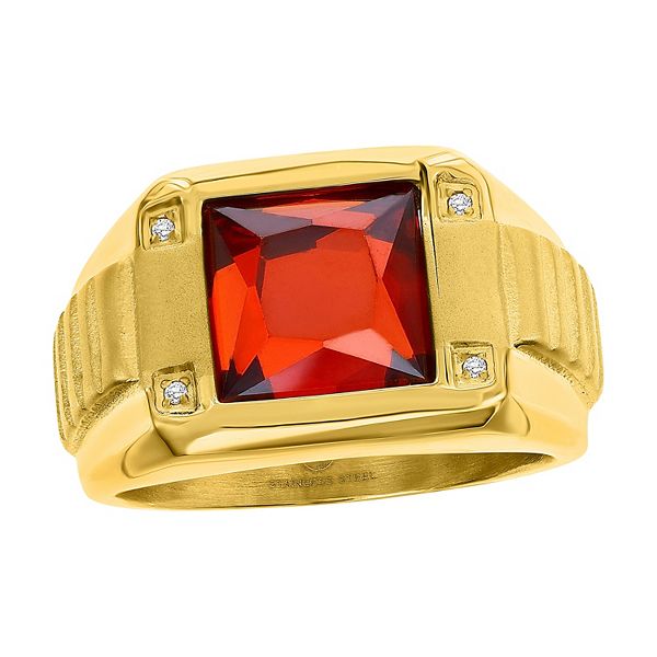 Men's Metallo Steel Gold-Plated Genuine Red Spinel Cubic Zirconia Ring