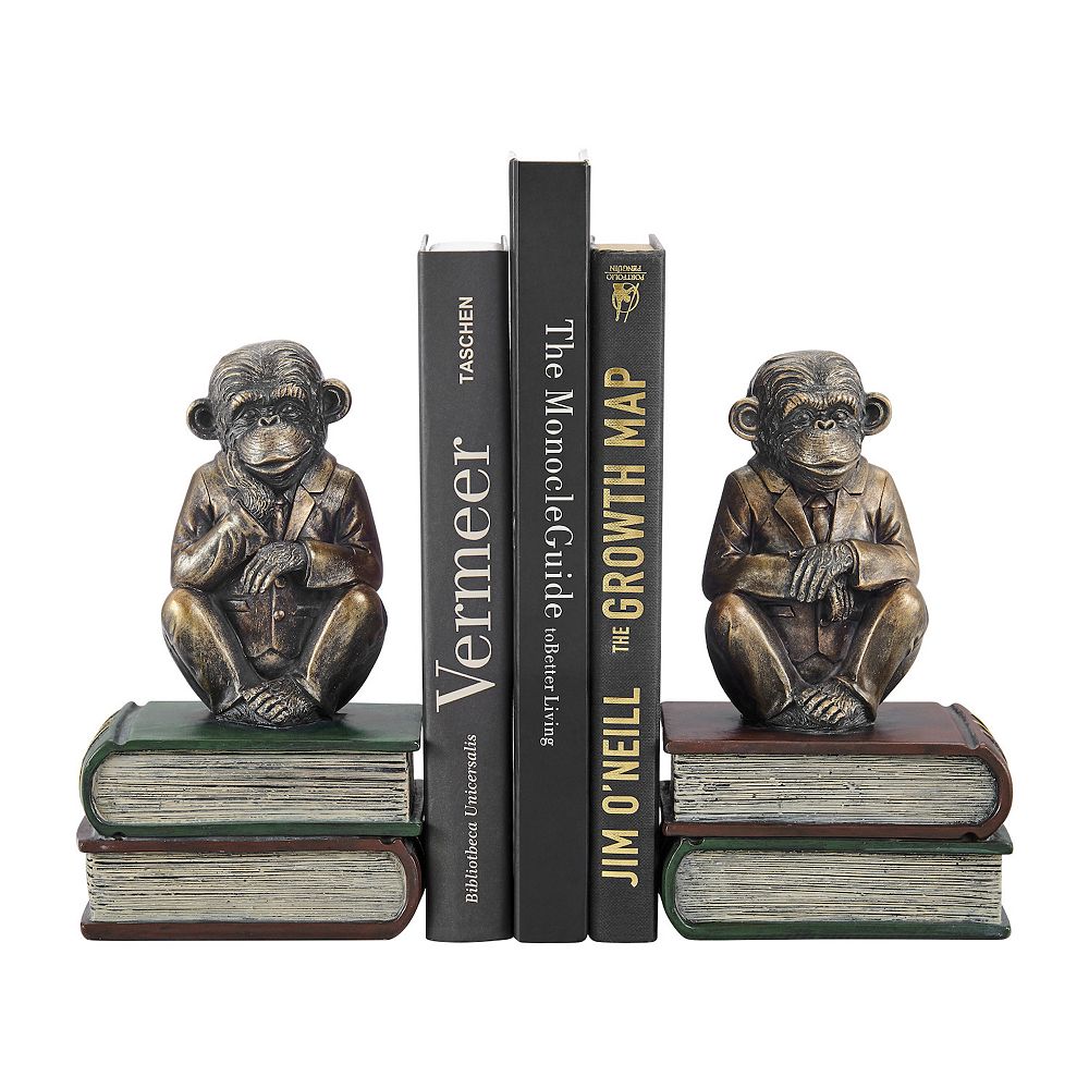 Danya B. Monkeys On Books Polyresin Antique Patina Finish Bookend Set Of 2