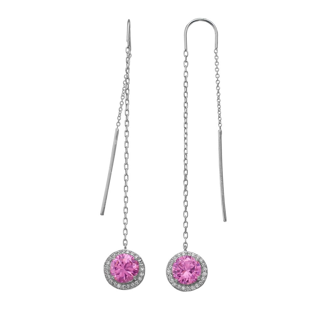 Rosabella Sterling Silver Pink Cubic Zirconia Halo Threader Earrings