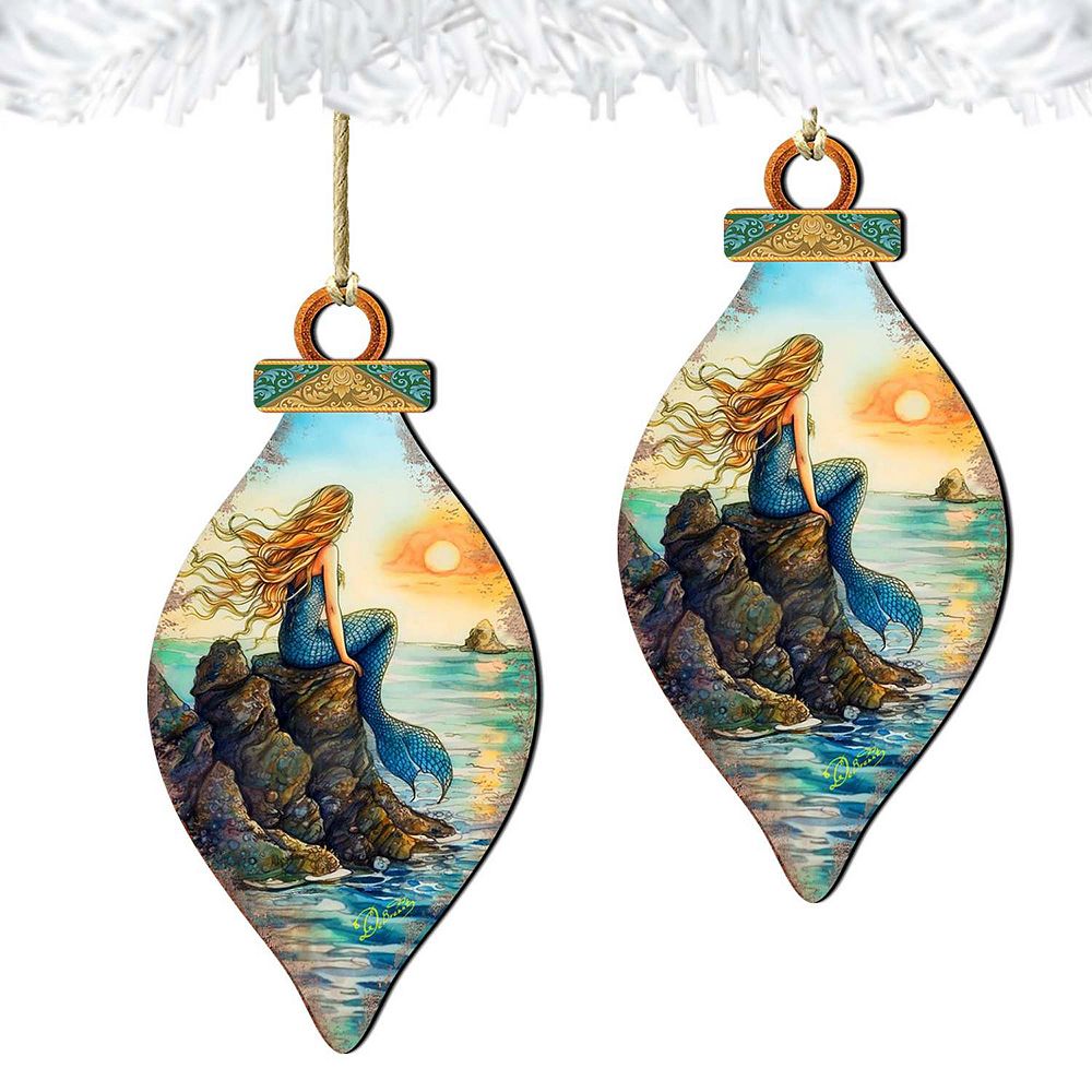 Mermaid Coastal Wooden Ornaments Set Of 2 By G. Debrekht