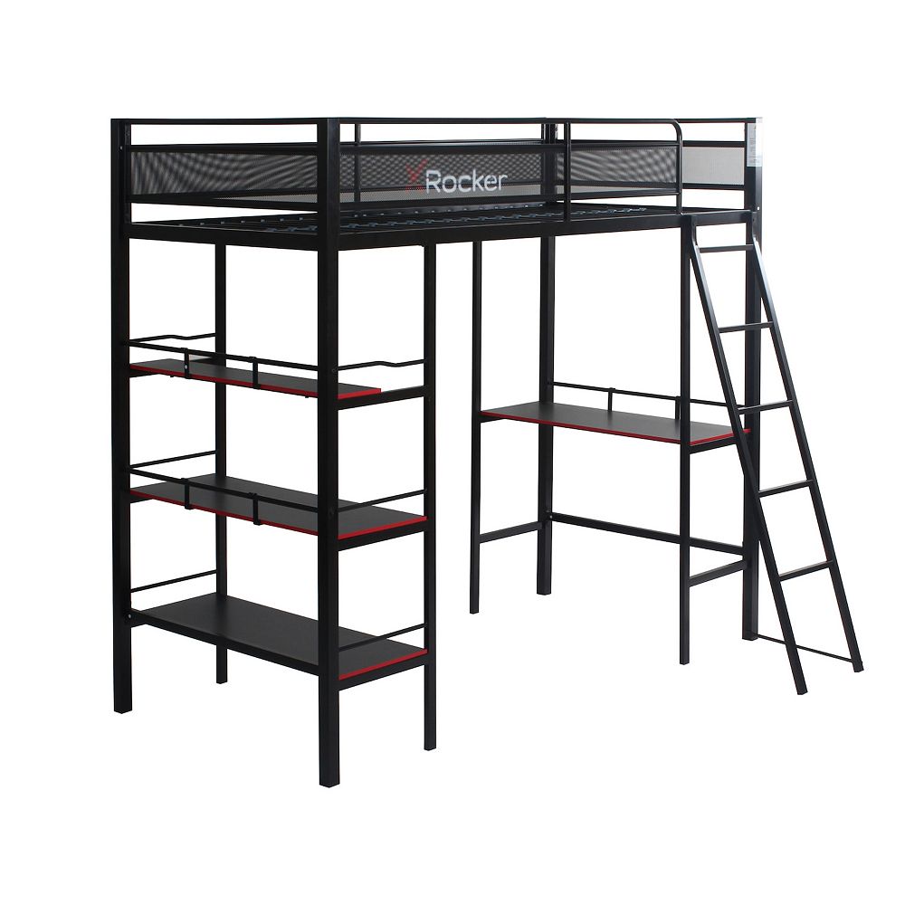 X-Rocker Fortress Twin Gaming Bunk Bed Frame with Desk & Built-In Shelving