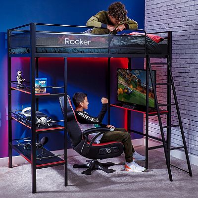 X Rocker Fortress Twin Gaming Bunk Bed Frame with Desk Built In Shelving