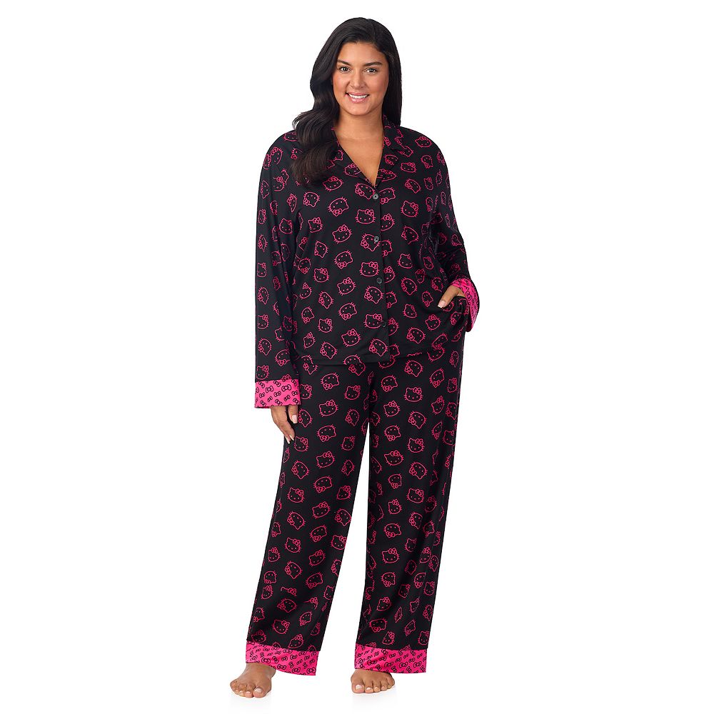 Plus Size Hello Kitty Long Sleeve Notch Collar Pajama Top & Pajama ...