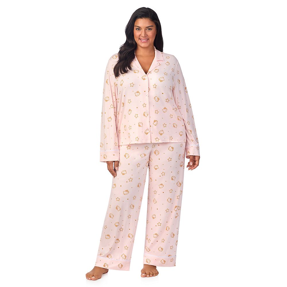 Plus Size Hello Kitty Long Sleeve Notch Collar Pajama Top & Pajama ...