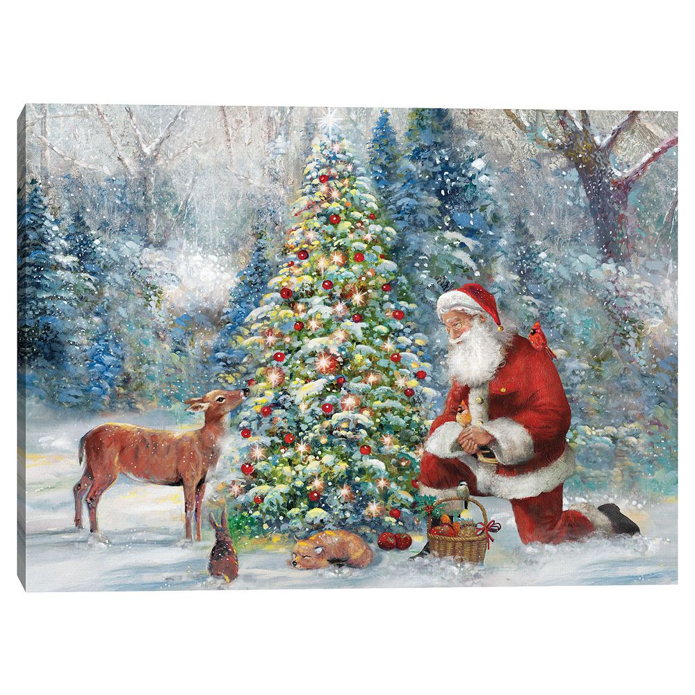 Santa's Outdoor Christmas Tree Gathering Stretched Canvas Wall Art