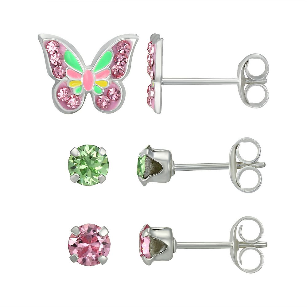 Charming Girl Kids' Sterling Silver 3-Piece Crystal Stud & Butterfly ...