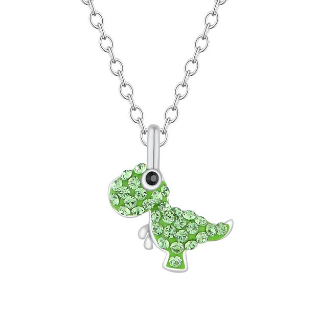 Charming Girl Kids Sterling Silver Green Crystal Dinosaur Pendant Necklace