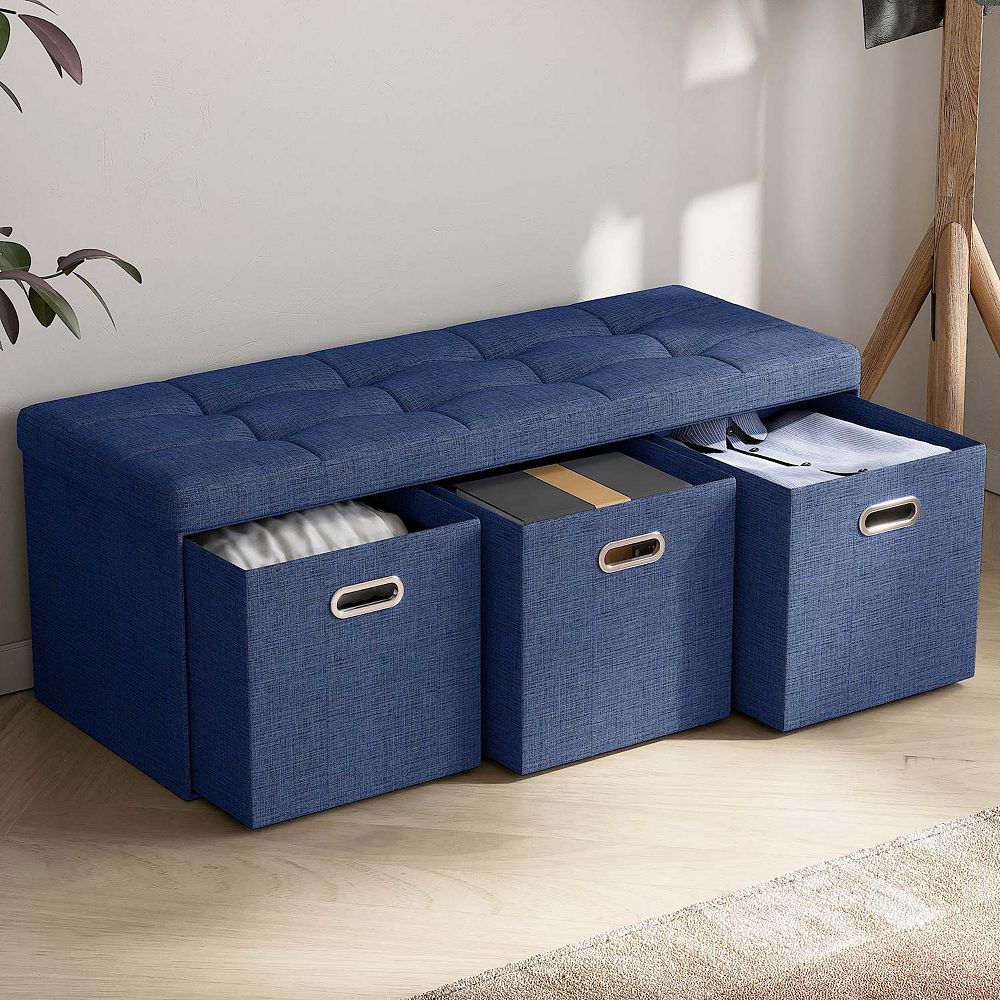 Foldable Tufted Linen Long Bench Storage Ottoman With 3 Drawers