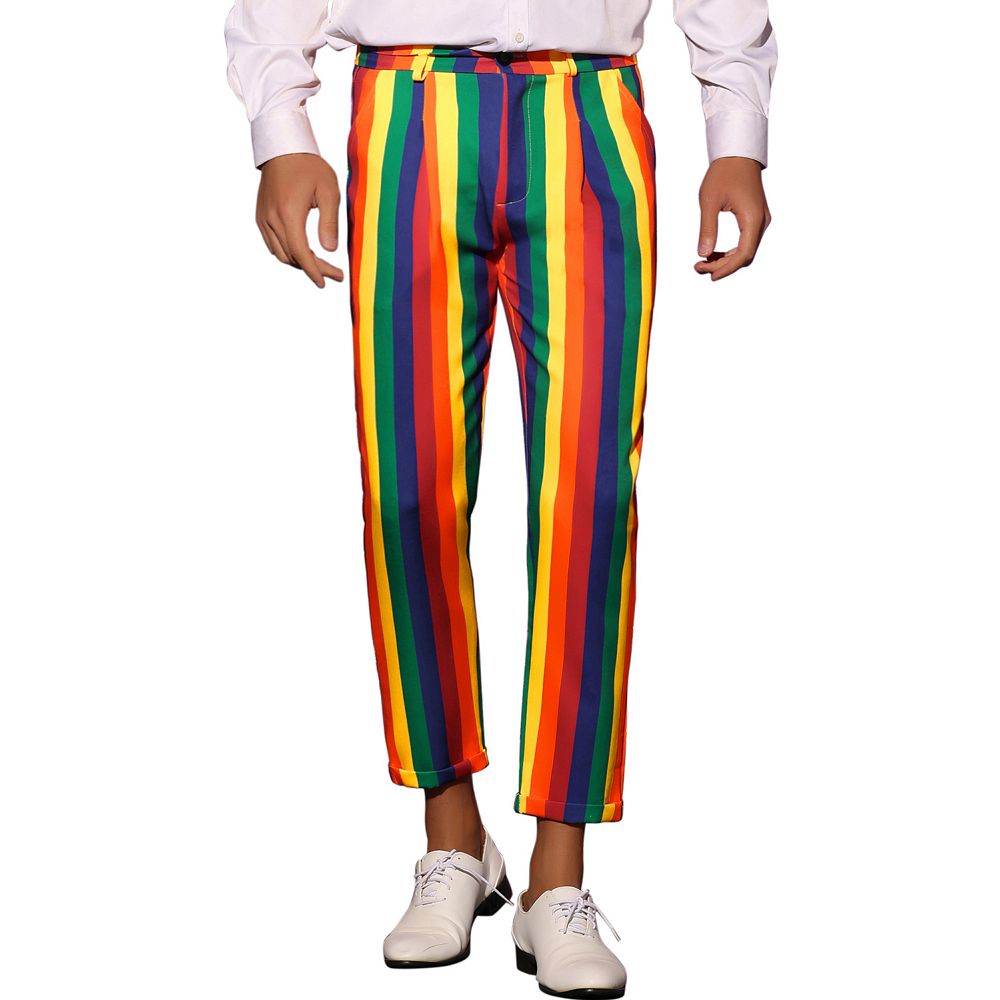 Rainbow Striped Dress Pants For Men's Regular Fit Flat Front Cropped Trousers
