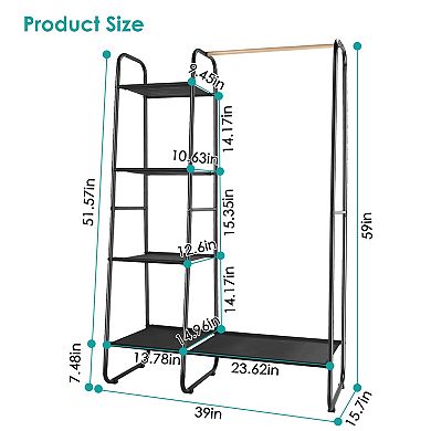 Black, Metal Garment Hanging Rack With Shelves And Hanging Rod