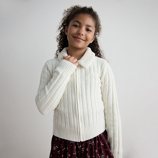 Girls 6 20 SO Faux Fur Collar Zip Up Cardigan in Regular Plus Size