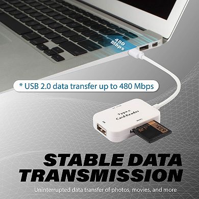 Insten Portable Usb Type C Card Reader, For Sdhc, Sd, Micro Sd Card, White