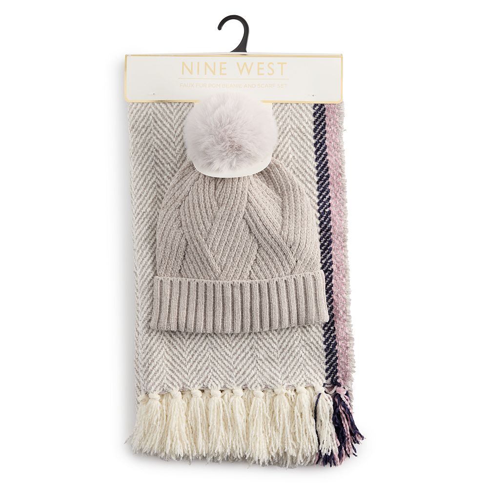 Women's Nine West Chenille Oversized Blanket Wrap Scarf & Beanie Set