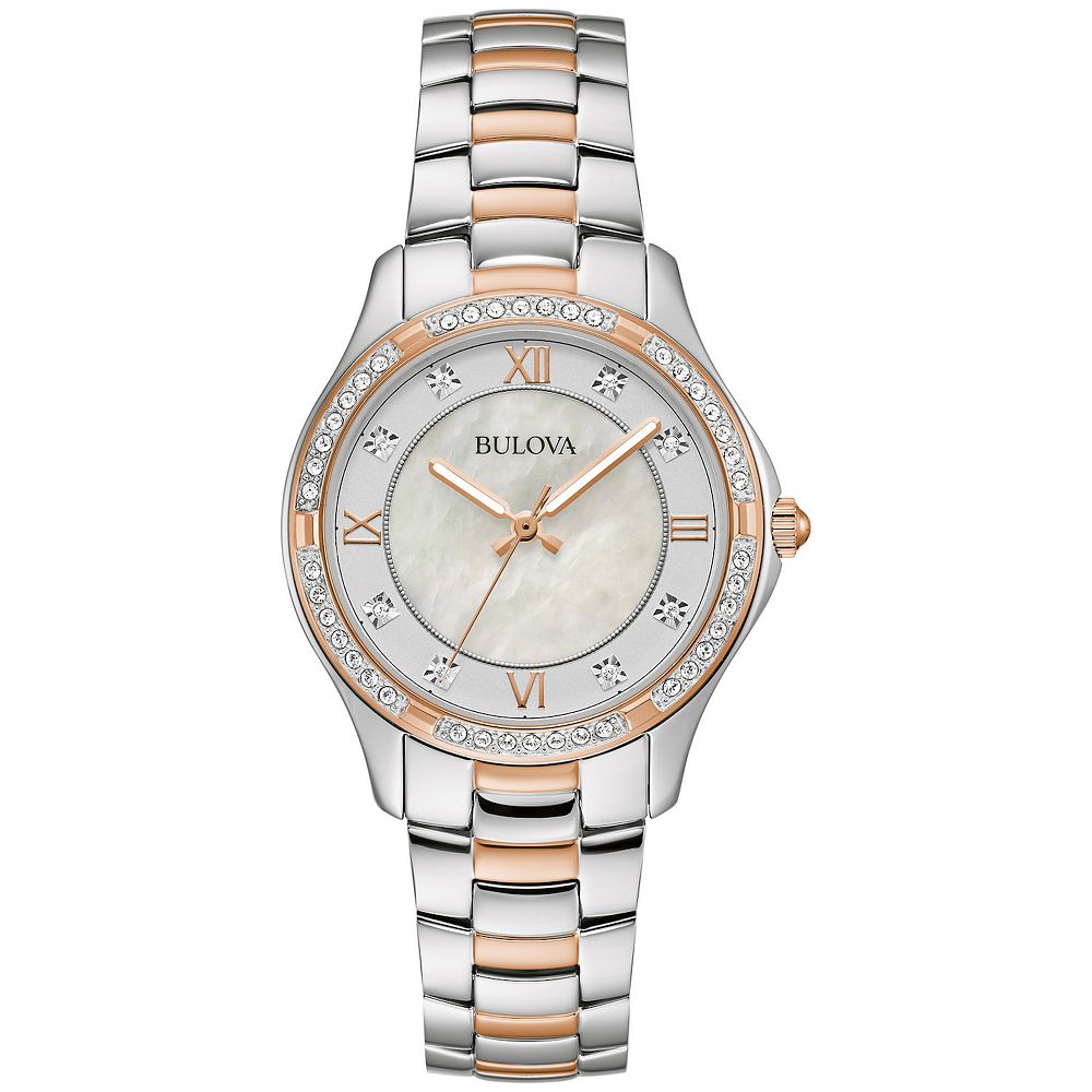 Women's Bulova Two-Tone Stainless Crystal Accent Mother-Of-Pearl Dial ...