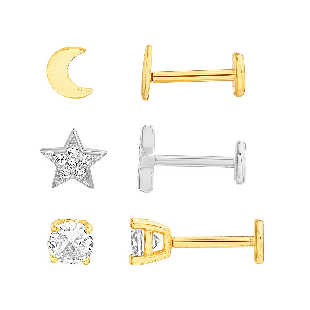 petit cheris Kids' Sterling Silver Two Tone Cubic Zirconia Studs, Star, and Moon Earring Trio Set