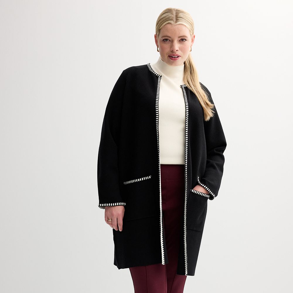 Plus Size Catherine Malandrino Long Sleeve Contrast Trim Open Front ...