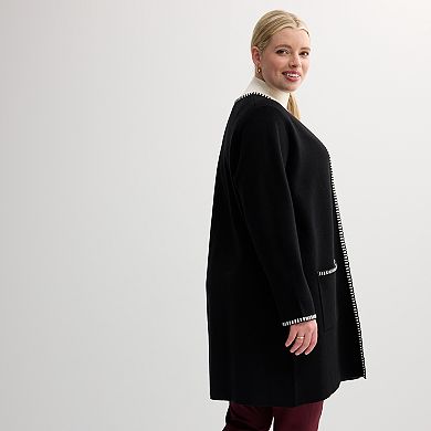 Plus Size Catherine Malandrino Long Sleeve Contrast Trim Open Front ...