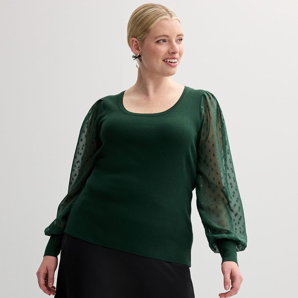 Plus Size Catherine Malandrino Woven Long Sleeve Scoopneck Pullover Sweater