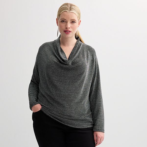 Plus Size Catherine Malandrino Long Sleeve Drape Neck Pullover