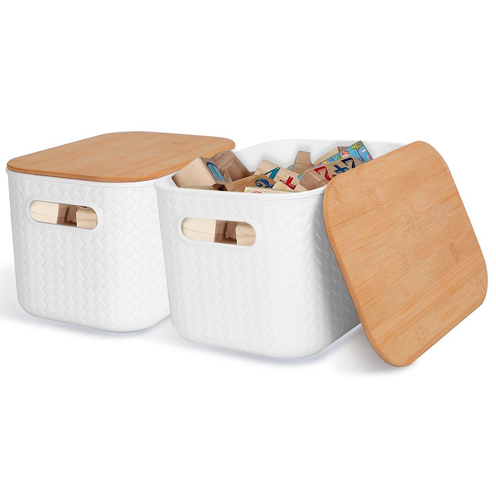 White, Plastic Containers Storage Bins With Bamboo Lids Set Of 2