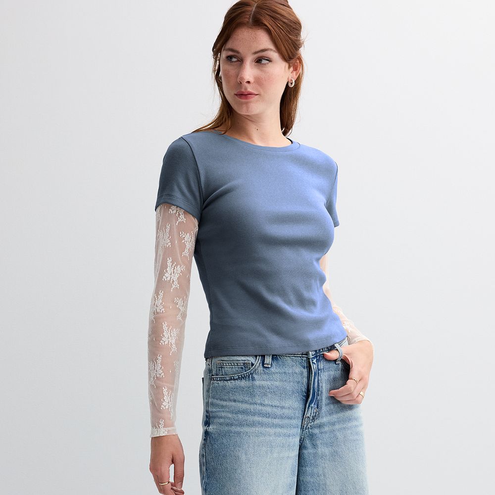 Juniors' Pink Rose Long Sleeve Twofer Lace Top